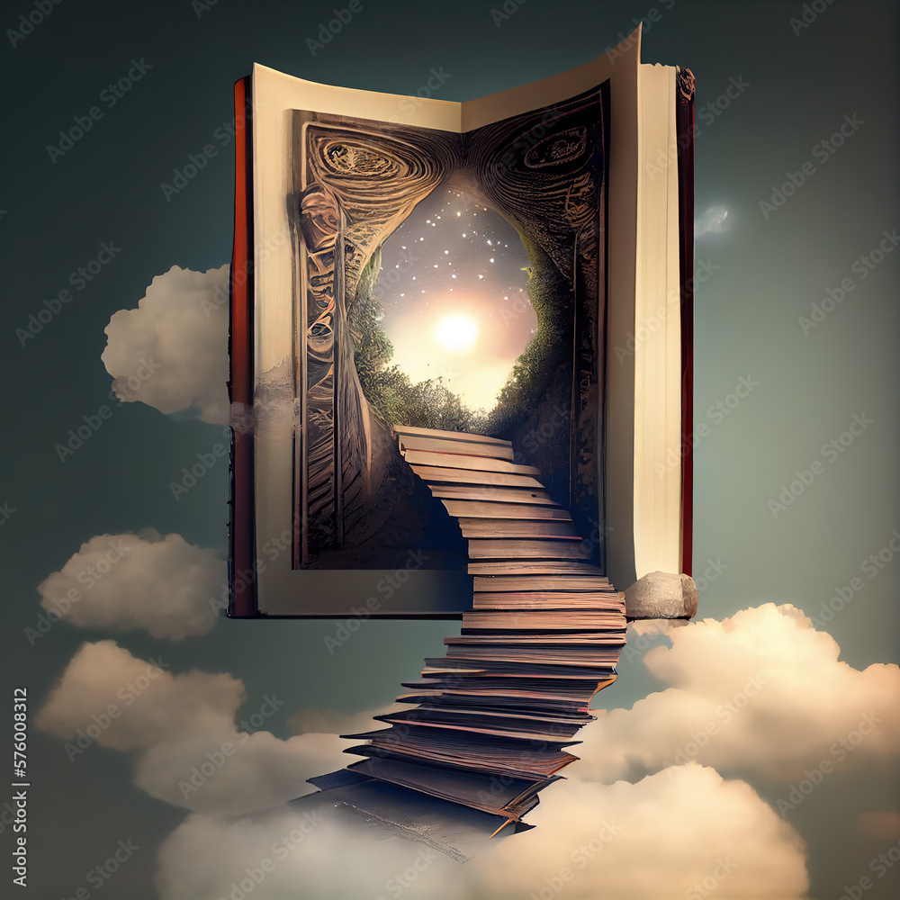 Generative AI: stairway in the sky entering a storybook in the clouds ...