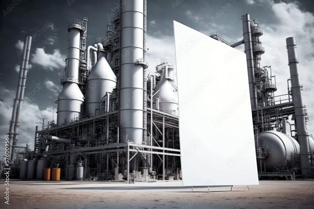 Billboard sign in modern refinery. Industrial and pollution concept ...