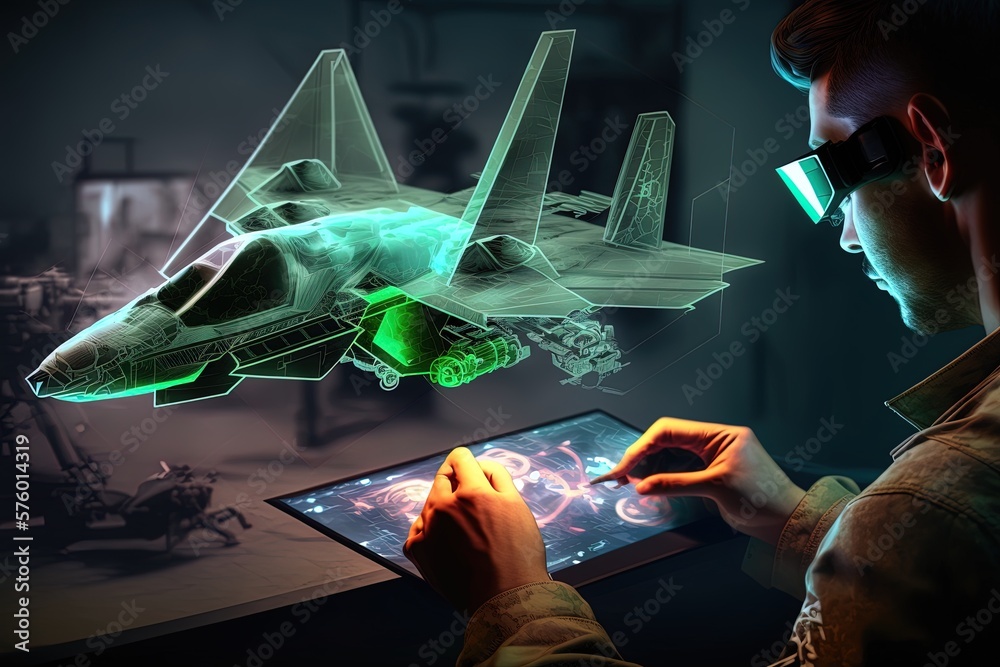 An engineer designing an electric aircraft using augmented reality and ...