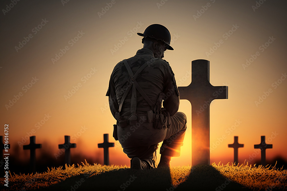 Silhouette of soldier in front of a grave of soldiers who have fallen ...