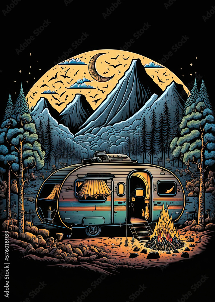 Rv camper in the woods. Camping van. Vintage Camp poster, flyer design ...