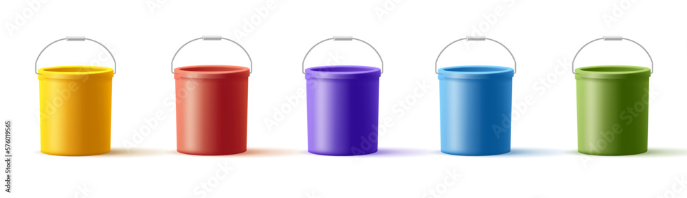 Set of realistic colored open empty buckets with handle. Modern plastic ...