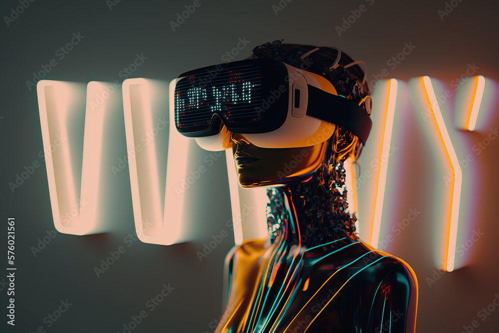 Humanoid in metaverse using VR Glasses surrounded by weird futuristic ...
