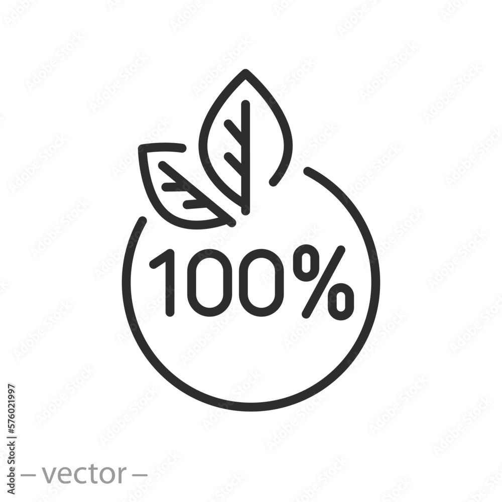 natural origin icon, 100% bio product, circle with leaves, line symbol ...