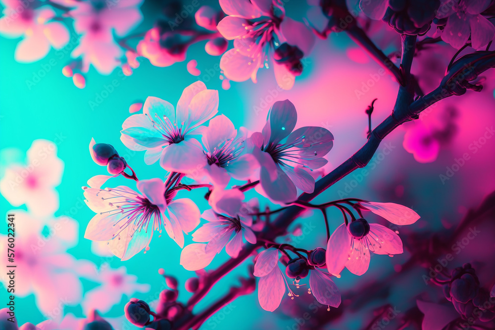 cherry blossom spring tree abstract background,neon vaporwave colors ...
