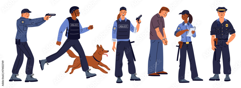 Cartoon police officers. Professional characters in uniforms. Men and ...