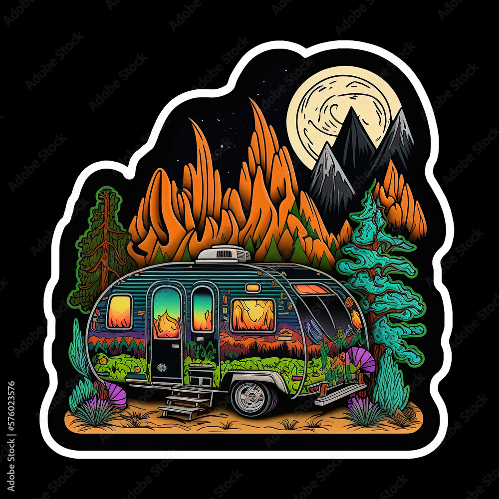 Rv camper in the woods. Camping van. Vintage Camp sticker, patche ...