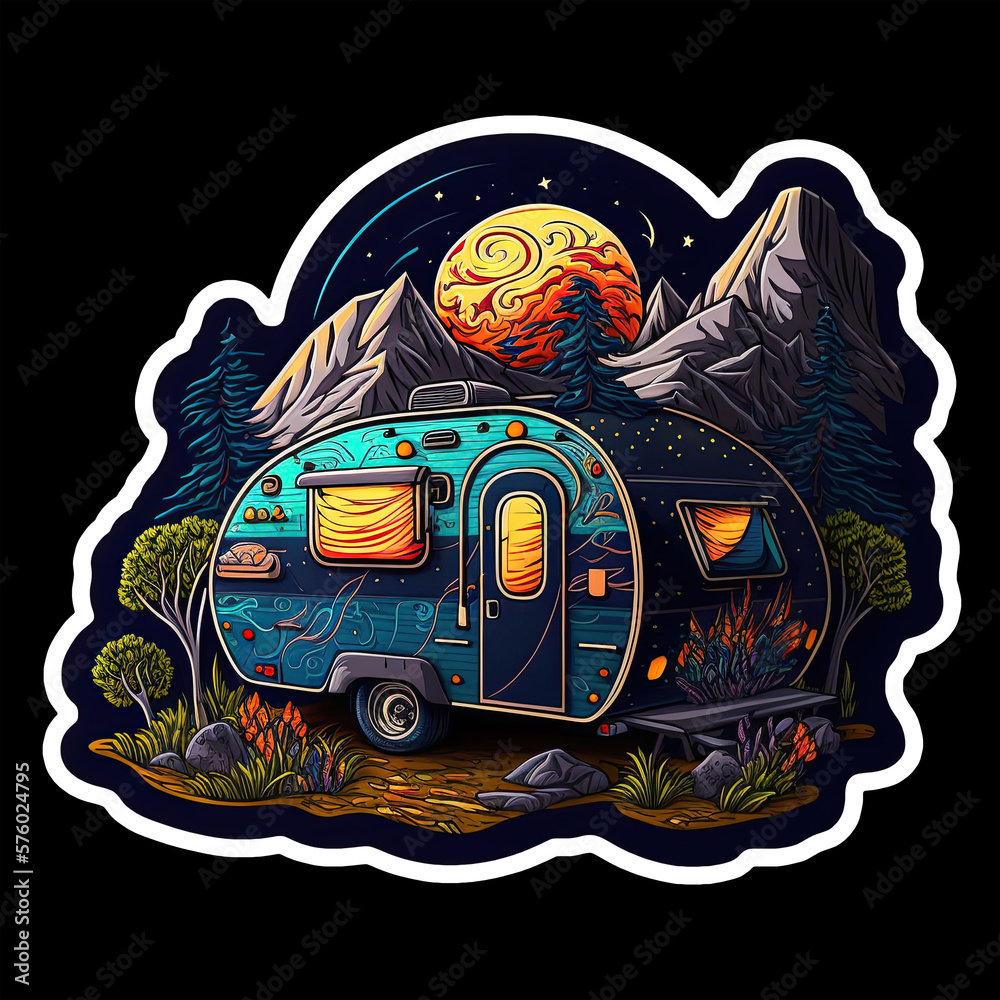 Rv camper in the woods. Camping van. Vintage Camp sticker, patche ...