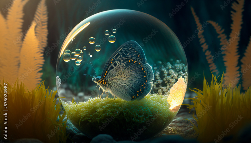 Butterfly inside a crystal ball on spring nature background. Wallpaper ...