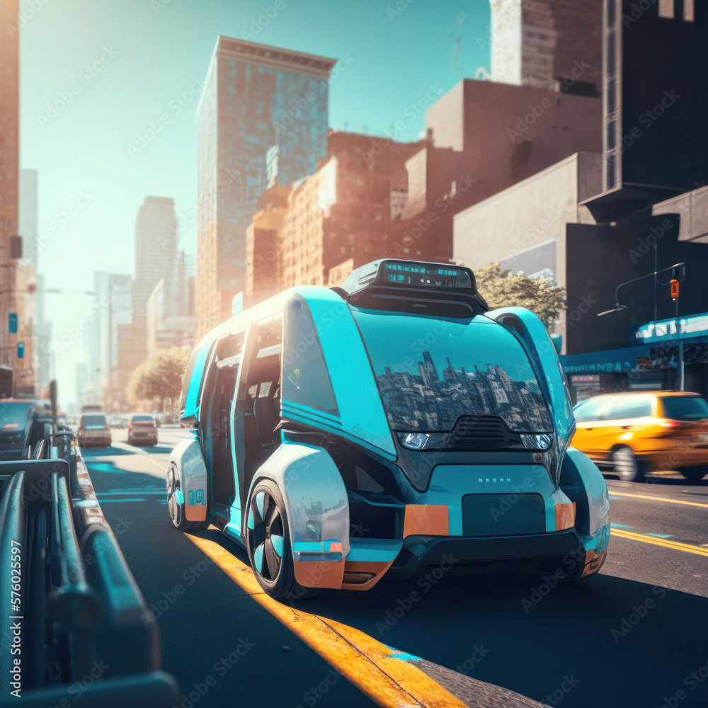 Self-driving shuttle bus. Autonomous driving. Futuristic car in modern ...