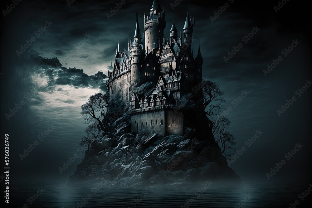 Ilustrace „A scary gothic-style castle in a mountainous area, located ...