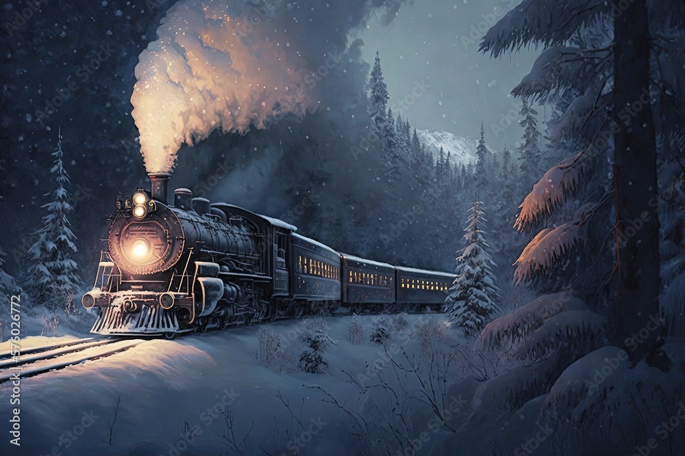 A beautiful train rides on snow-covered rails. Beautiful futuristic ...