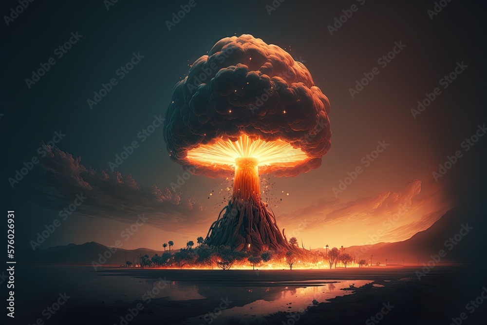 Futuristic nuclear explosion of a future war in neon colors on a black ...