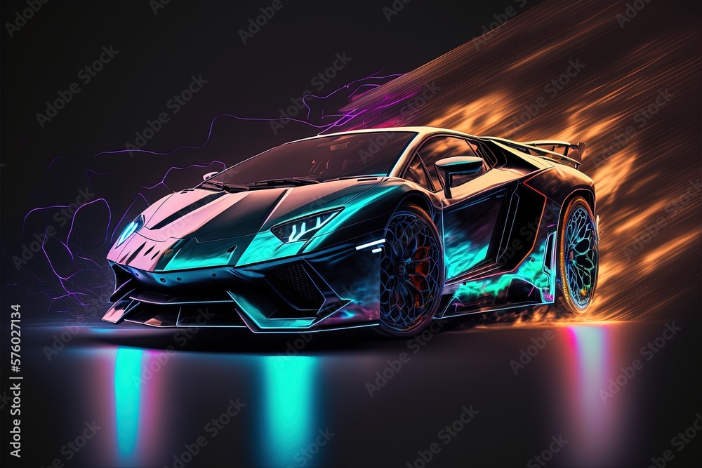 Luxury sports car at high speed in neon style on a gradient background ...