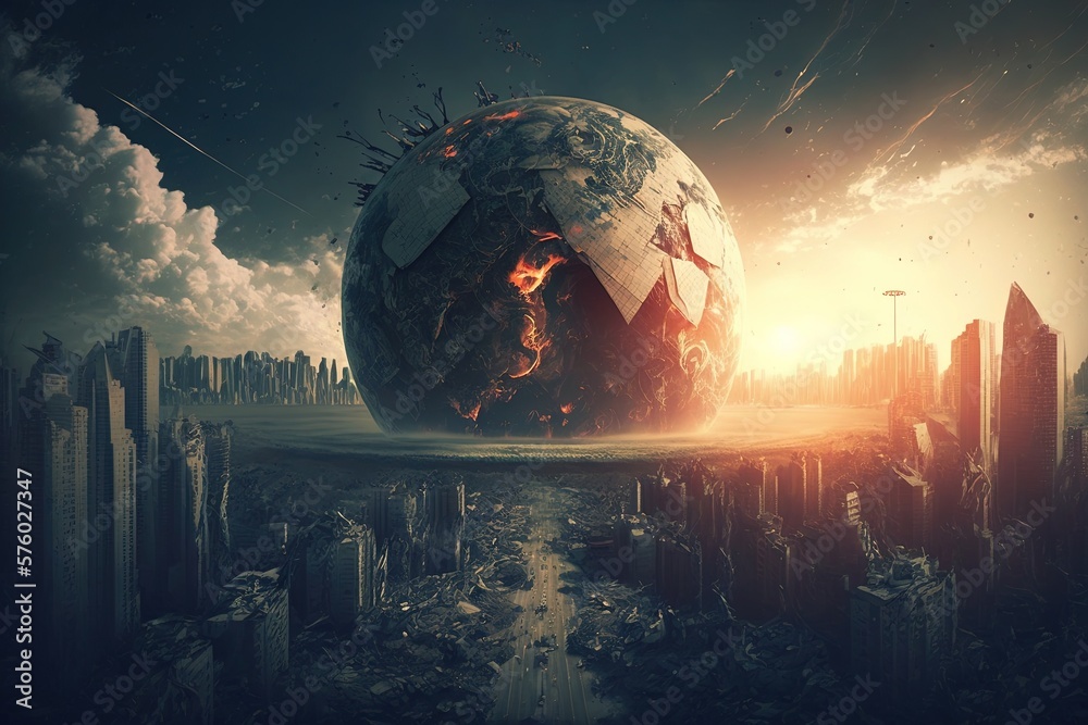 Nuclear boom the planet with destroyed city. Apocalyptic epic scene ...