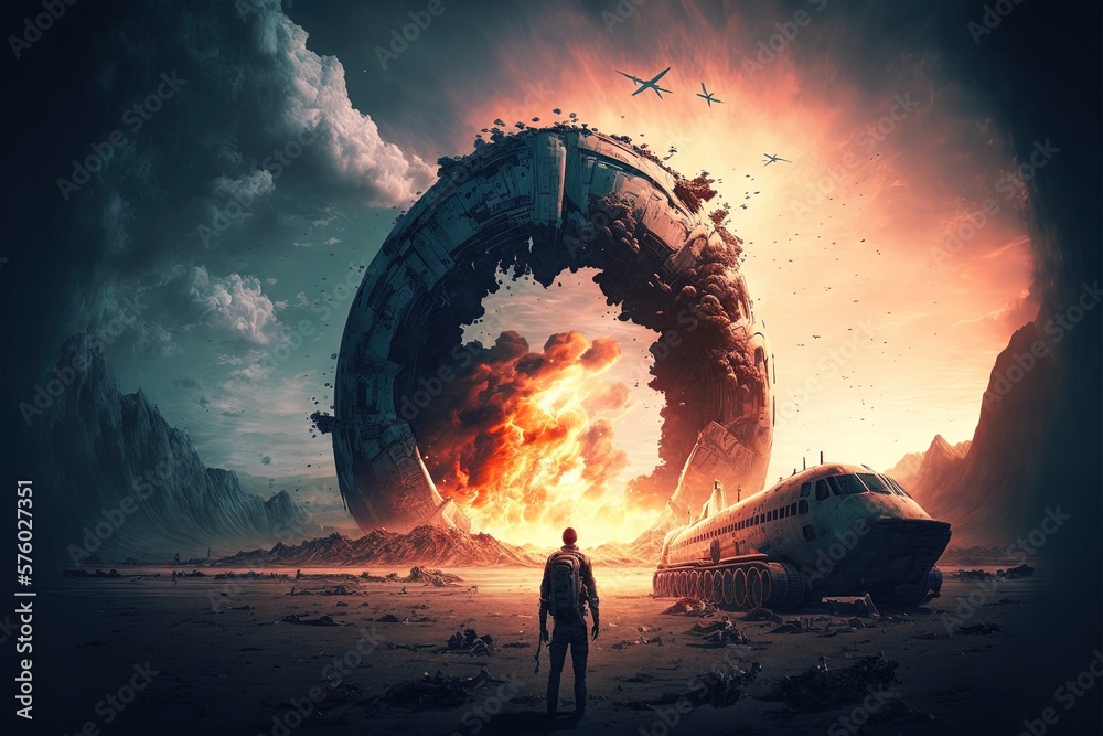 Man in the face of the end of the world. Apocalyptic epic scene ...