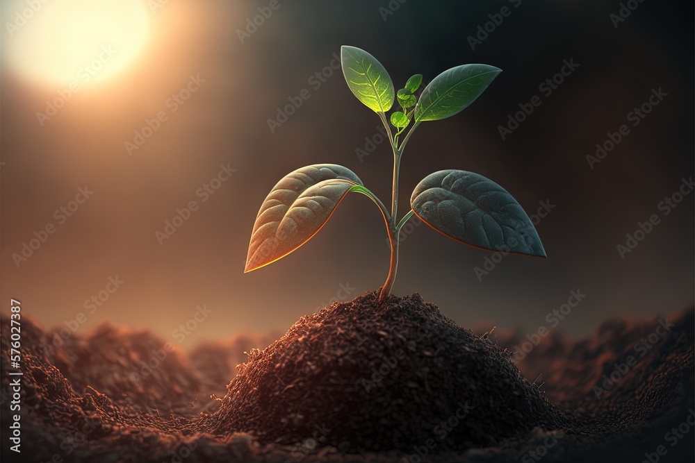 Growing plant from an earth mound on a gradient misty background ...