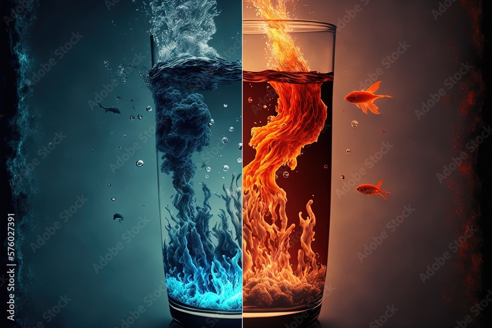 An interesting concept idea of water versus fire on a black background ...
