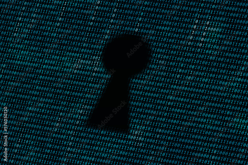 Keyhole shape over a binary code textured wallpaper, data safety, cyber ...
