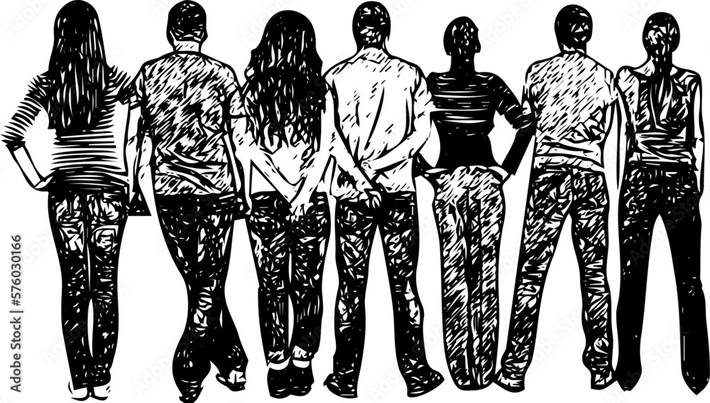 silhouette of back view of group of people standing, sketch drawing of ...