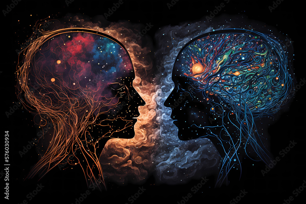 Silhouettes of two people with glowing neural connections. The concept ...