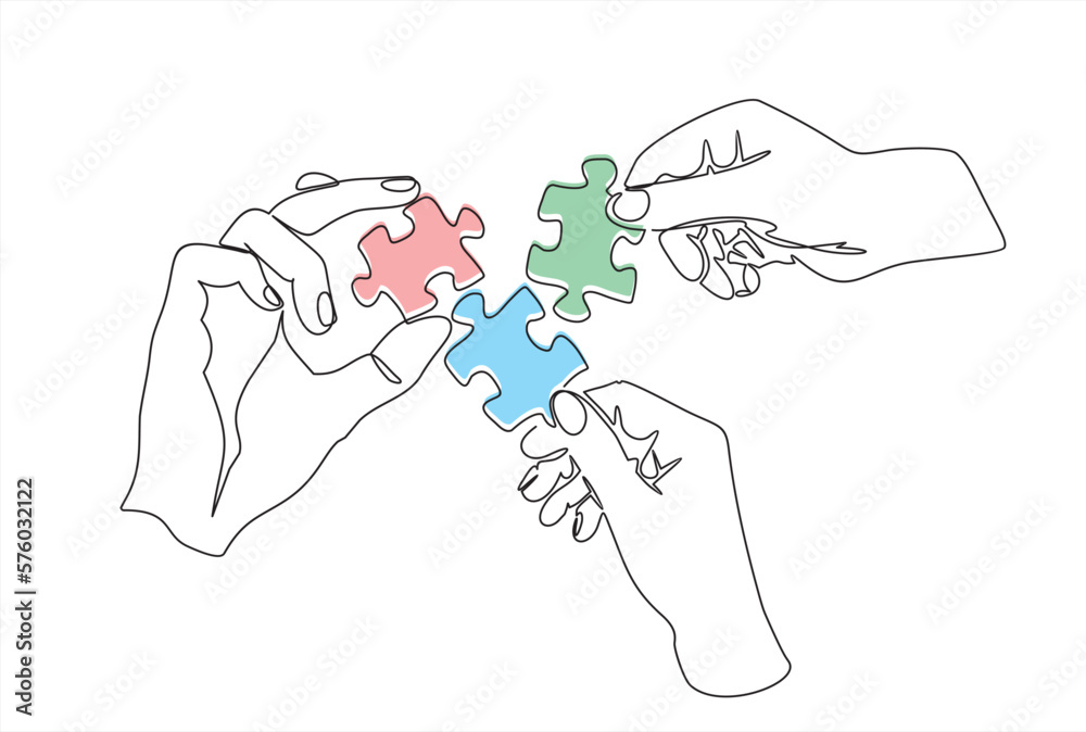 Continuous one line drawing of hands and puzzle. Business matching ...