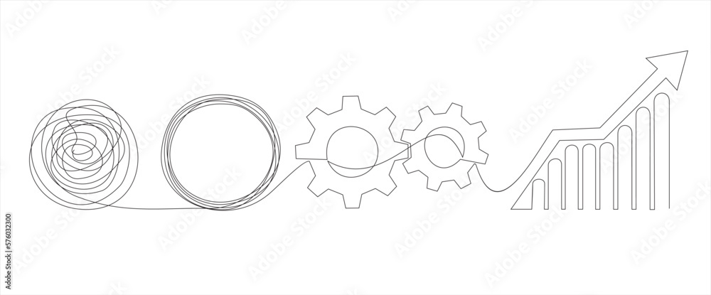 Chaos, gears and graph going up with an arrow abstract minimalist ...