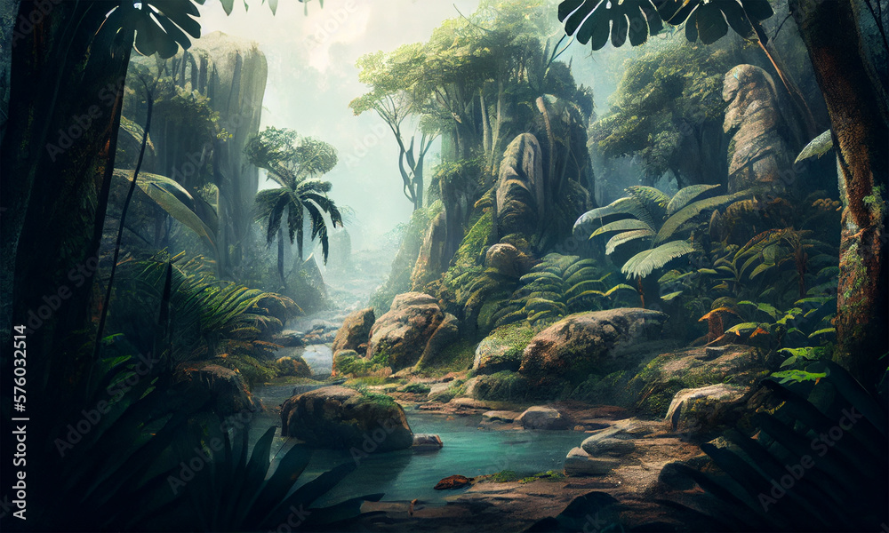 Deep tropical forest in dazzling tropical forest with sunshine and ...