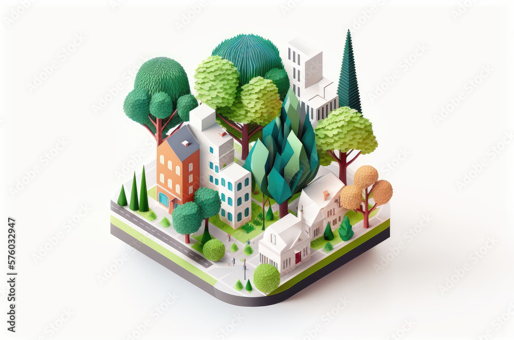 Isometric 3d village with trees isolated on white background, copy ...