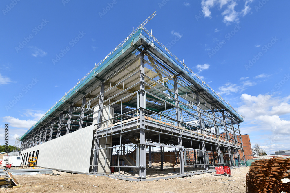construction site of commercial warehouse building showing various ...