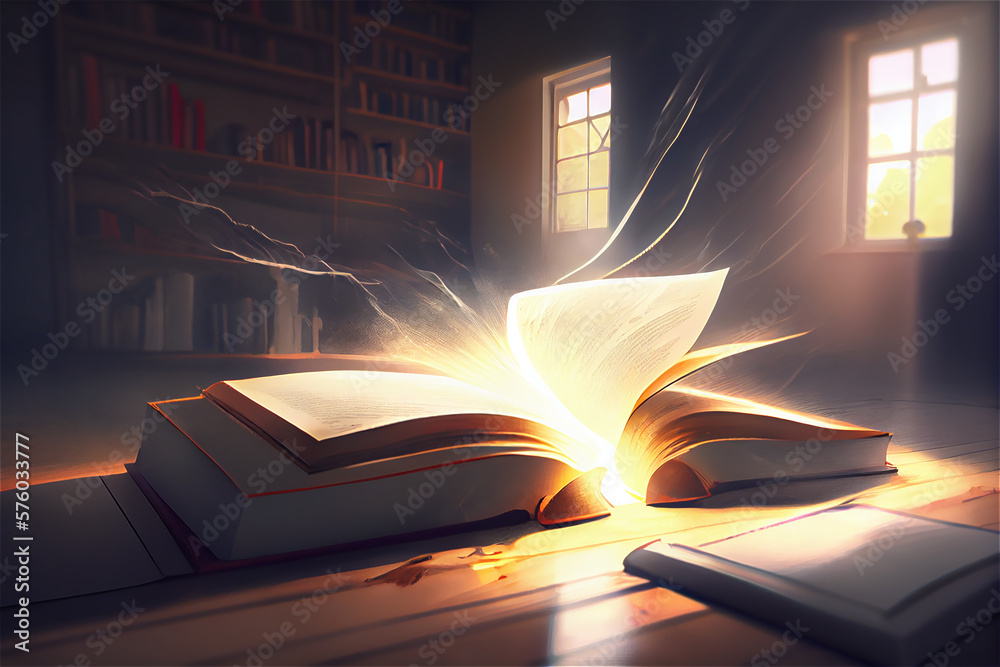 bright light coming out of an open book symbolizing knowledge and enlightenment, generative AI ...