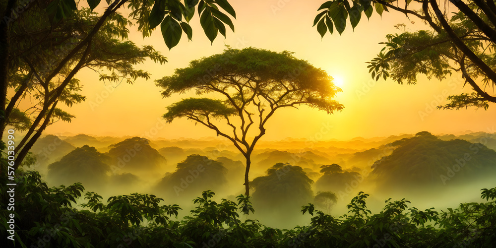 Wallpaper with a tropical landscape at sunset. Jungle with mountains ...
