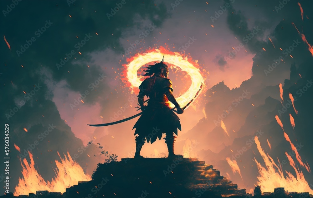 scene of samurai with fire sword standing on the rock, digital art ...