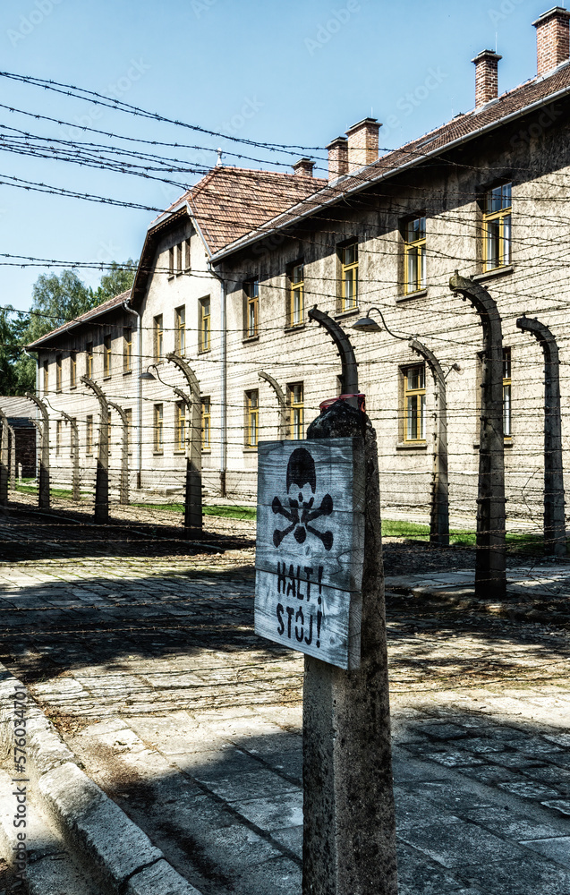 Death warning sign in Auschwitz, concentration camp in Poland. A deadly ...