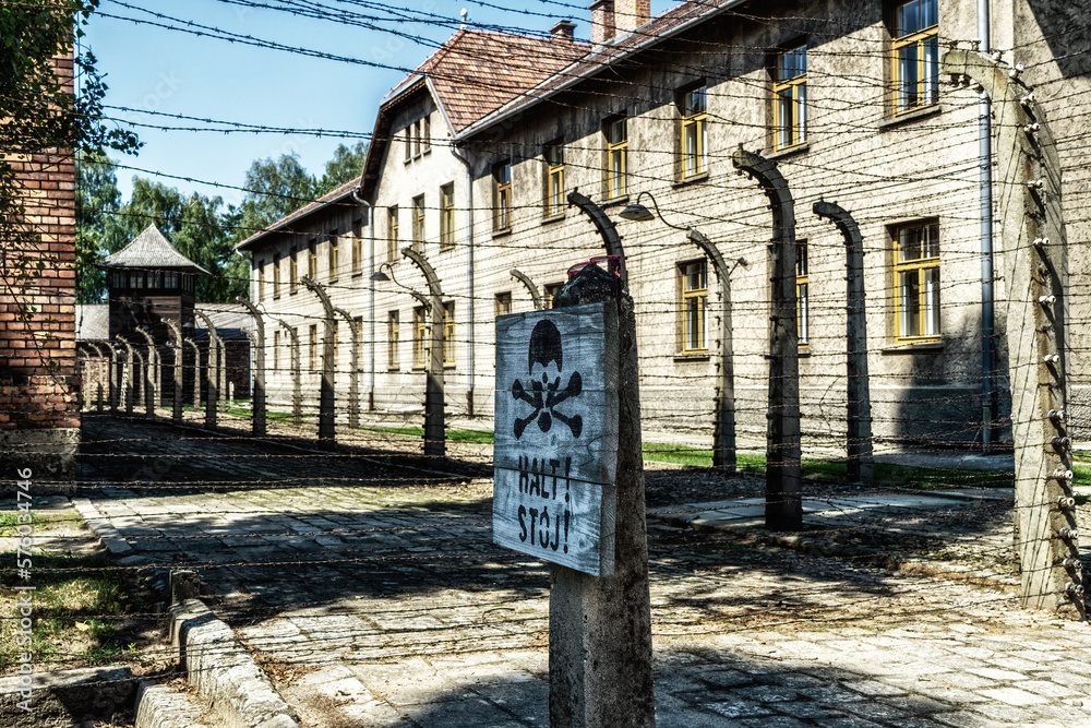 Death warning sign in Auschwitz, concentration camp in Poland. A deadly ...