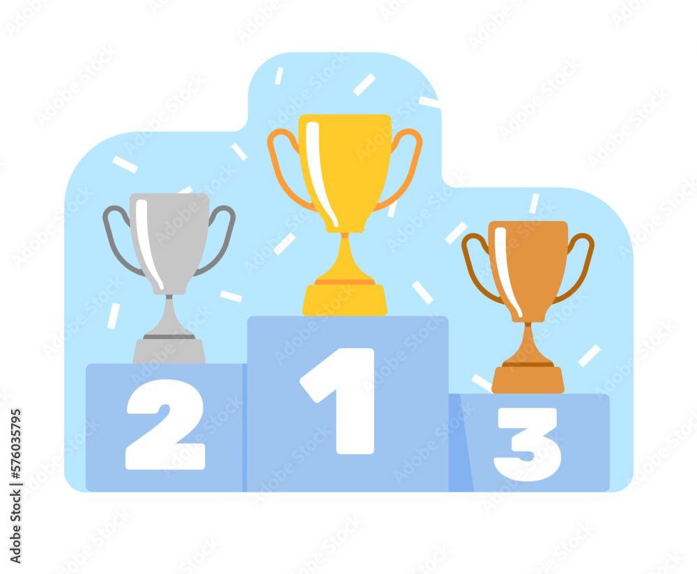 Winners cups on podium. First place gold reward. Silver and bronze ...