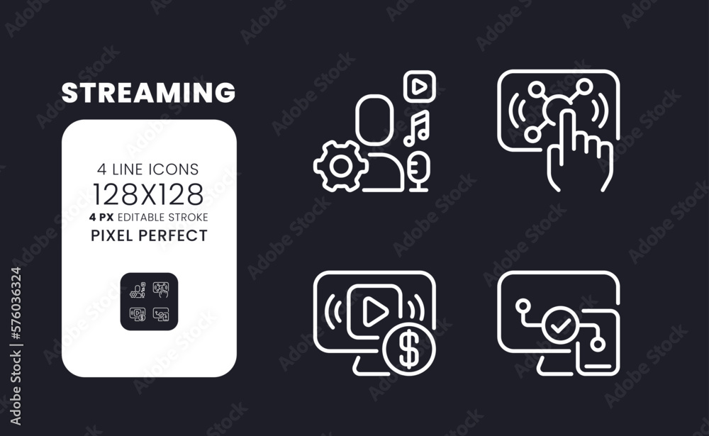 Streaming white linear desktop icons on black. Live interactive content ...