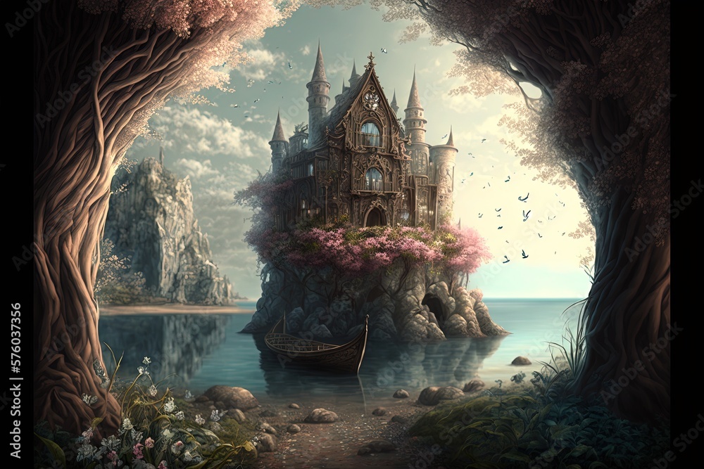 Beautiful elven fantasy castle. Lake, vintage style, nature, wood ...