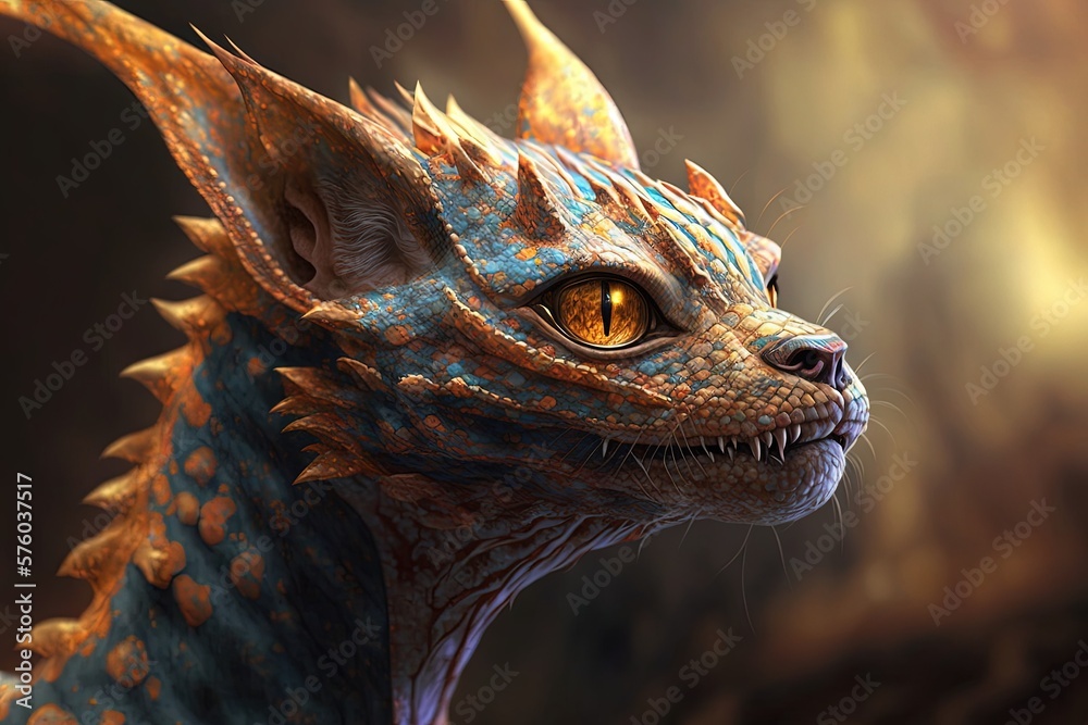 Dragon cat with yellow eyes on a brown background. Scales, magical ...