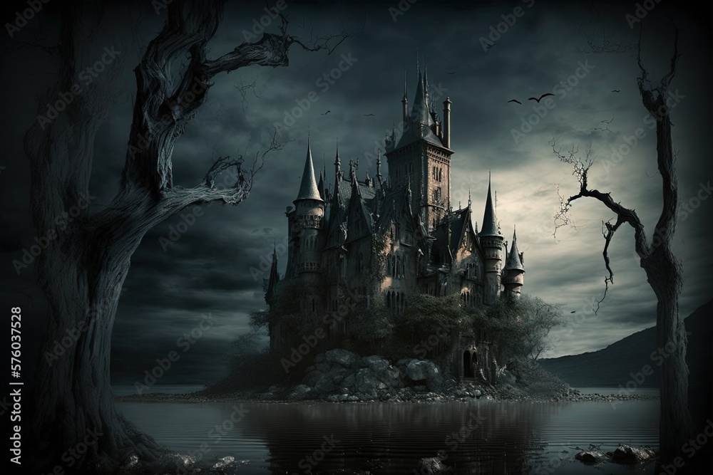 Horror styled castlle in a scary film, located on a hill in the middle ...