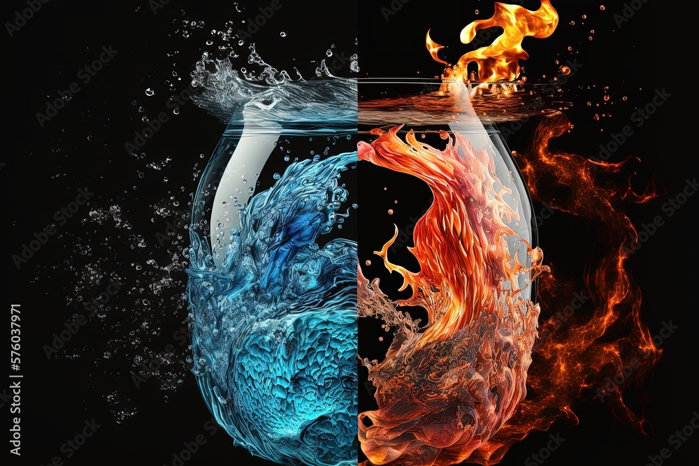 Water versus fire on a black background. Ing and Yang concept ...