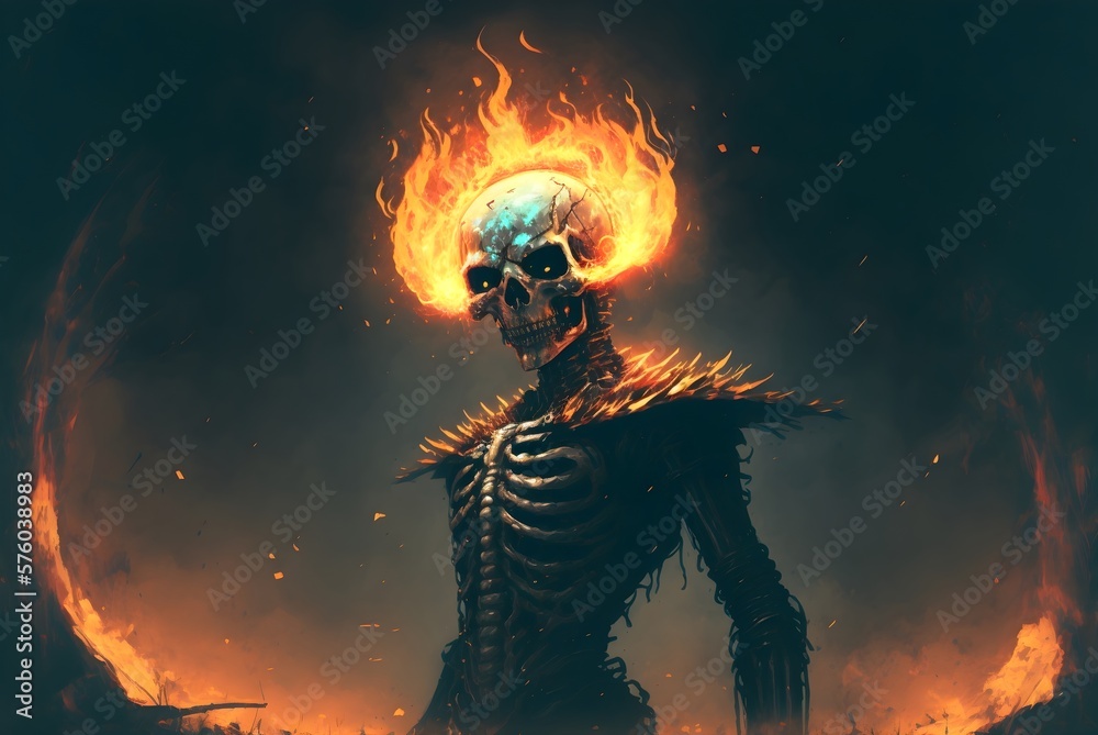 horror character of demon skeleton with fire flames in hellfire ...