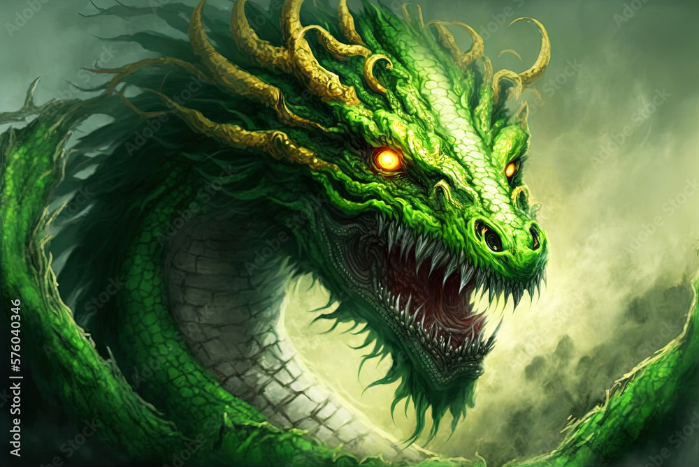 Green dragon portrait, mysterious monster from farytales and symbol of ...