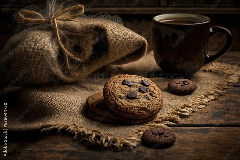 Cookies and a coffee cup on a rustic burlap table. Sweets, comfort ...