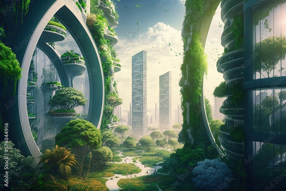 Eco futuristic city filled with trees. Future technology, river, chrome ...