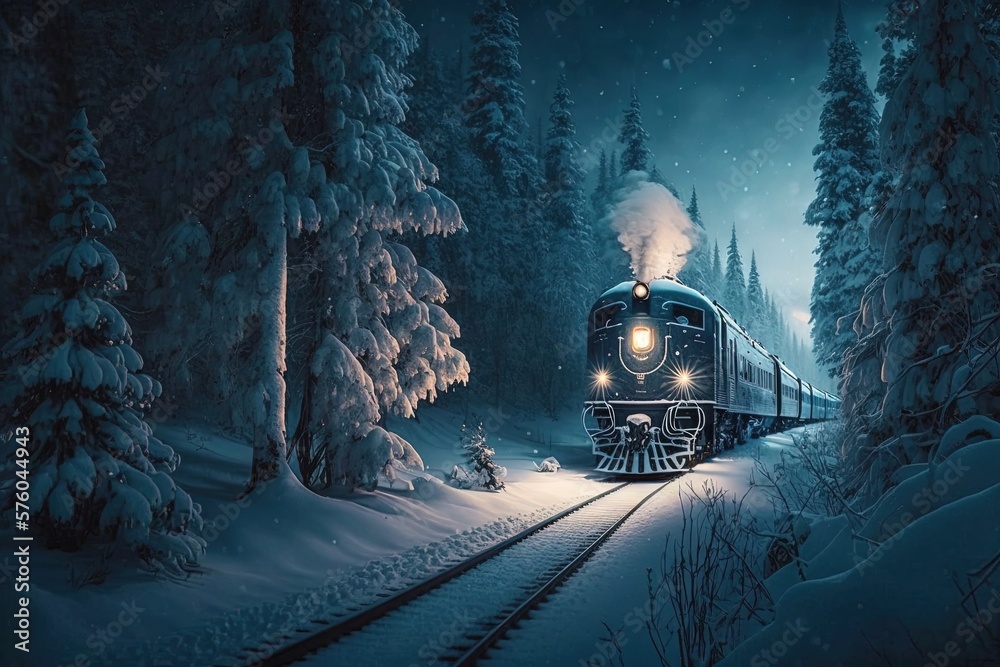 Mechanical train rides on snow-covered rails. Beautiful futuristic ...