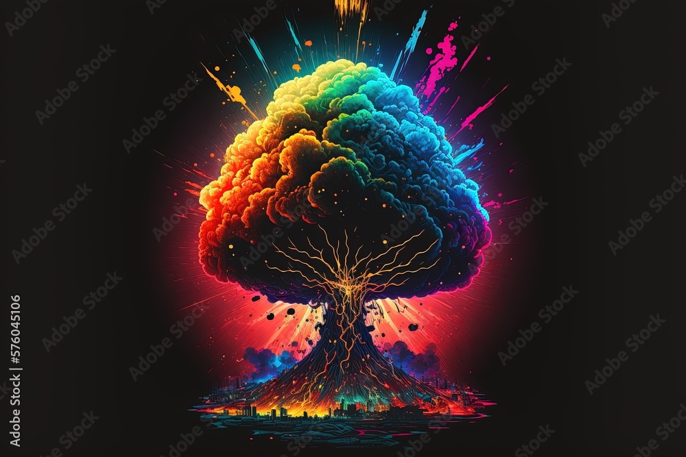 Futuristic watercolor nuclear explosion of a future war in neon colors ...