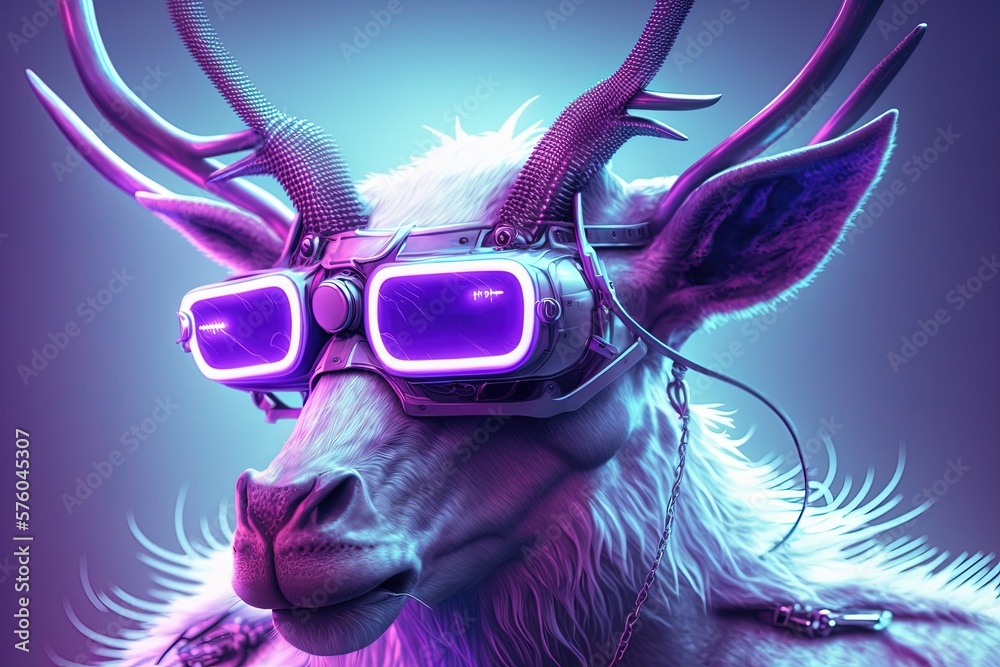 Neon cyberpunk futuristic moose portrait in pop art style on purple ...