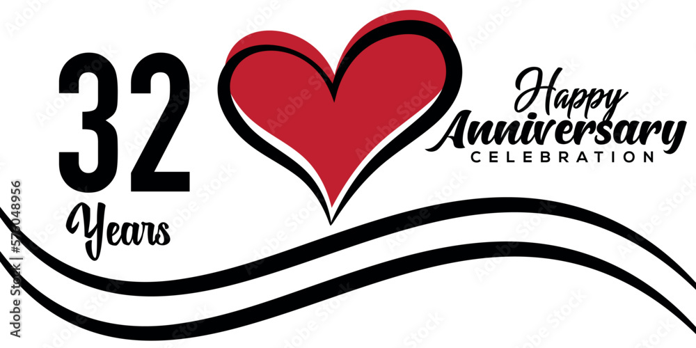 Vector 32nd anniversary celebration logo lovely red heart abstract ...