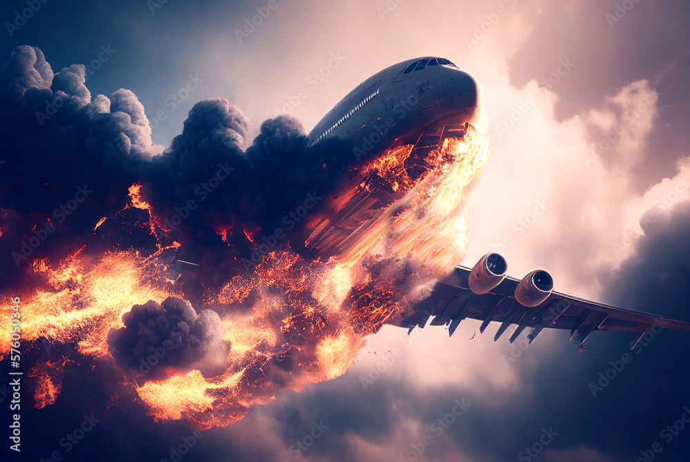 Aircraft explosion during flight. Airliner catastrophe. Plane accident ...